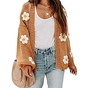 Women Crop Cardigan Sweater Long Lantern Sleeve 3D Flower Open Front Y2K Knit Cardigan Kawaii Crochet Sweater Tops (Camel+Flower, M)