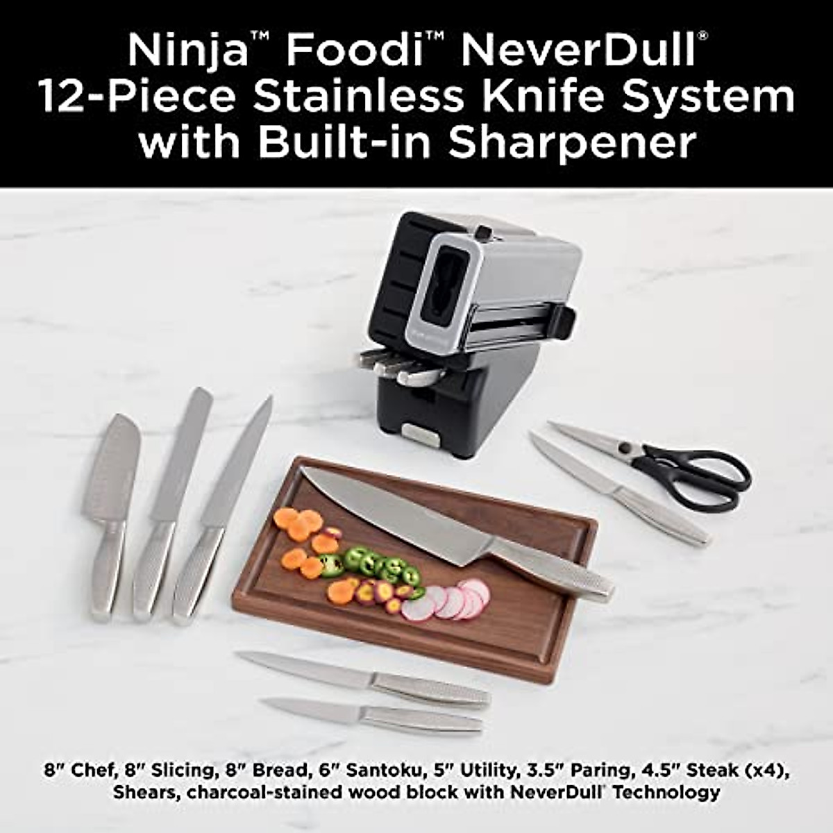 Ninja K62012 Foodi NeverDull Premium 12-Piece German Stainless Steel Knife System with Built-in Sharpener, Stainless Steel/Black