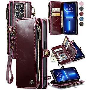 Defencase for iPhone 13 Pro Case Wallet, iPhone 13 Pro Wallet Case for Women and Men, Vintage PU Leather Magnetic Flip Closure Strap Zipper Card Holder Phone Cases for iPhone 13 Pro 6.1", Wine Red