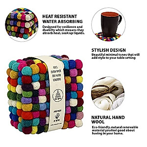 Colorful Felt Coasters Square - Premium Felted Ball Wool Coasters Set of 4 - with Lokta Gift Box - Handmade Large Absorbent Coasters for Drinks - Naturally Dense, Heat Resistant, Thick & Durable