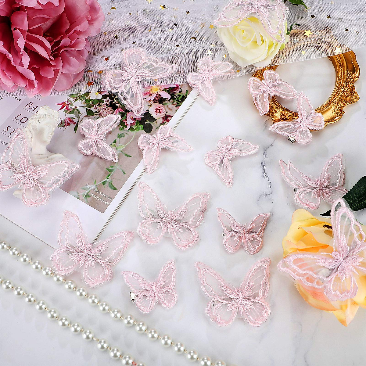 WILLBOND 18 Pieces Butterfly Hair Clip Halloween Lace Hair Bows Embroidery Butterfly Hair Pins Hair Accessories for Halloween Cosplaying Women, 2 Sizes(Pink)