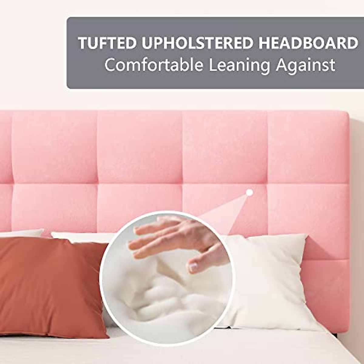 UNIZONE Queen Size Upholstered Bed Frame with Tufted Headboard, Velvet Platform Bed with Headboard, Wood Slats Support, Mattress Foundation, No Box Spring Needed, Easy Assembly, No Squeak, Pink