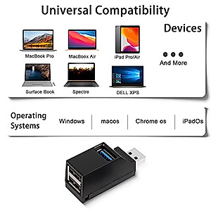 QIANRENON USB Hub 90 Degree Splitter 3 Port USB 3.0 Adapter Portable Powered Data USB Hub Transfer for PC Laptop USB Flash Drives，Black