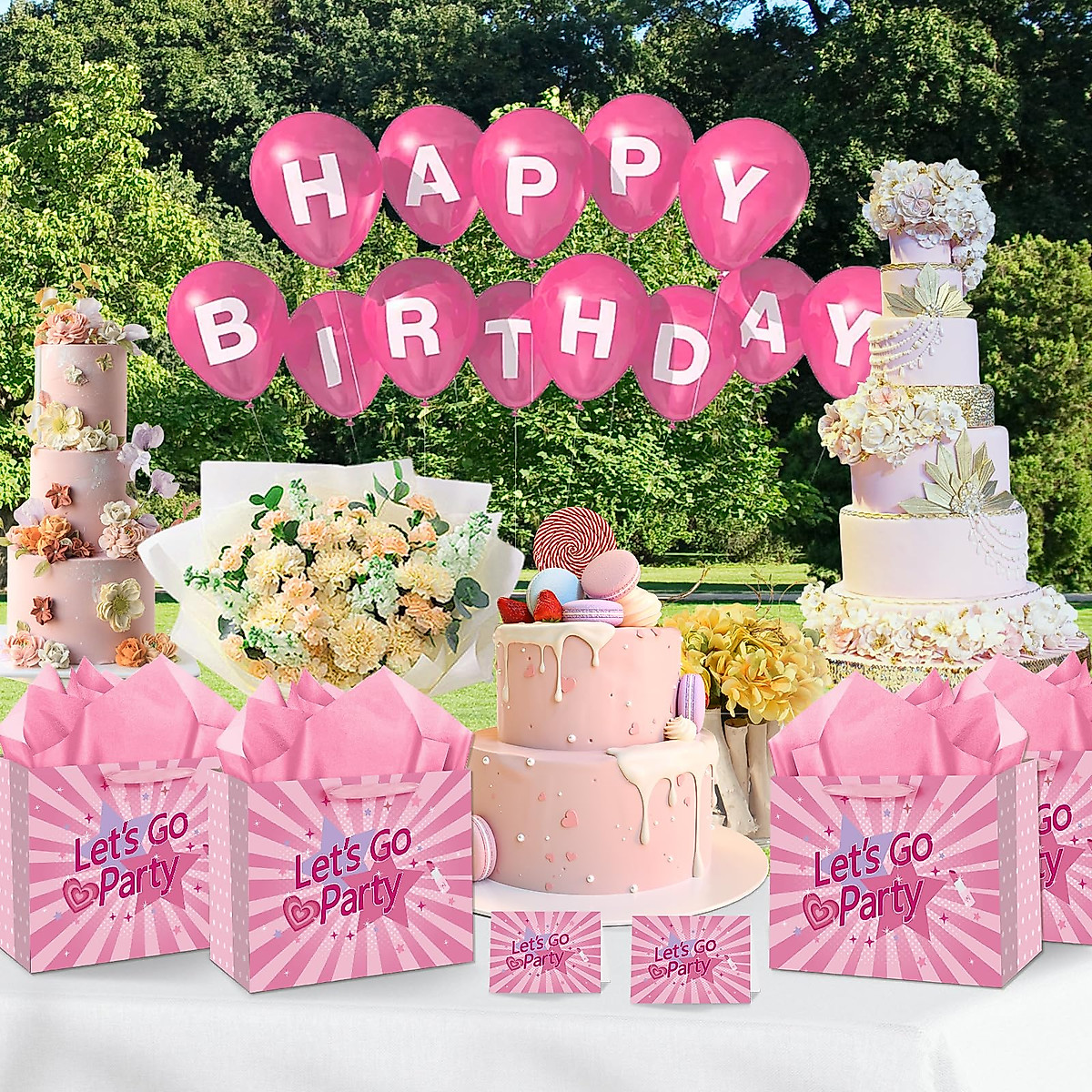 Hot Pink Gift Bag Lets Go Party Supplies Pink Wrapping Bag with Greeting Card and Tissue Paper Bachelorette Party Decorations for Girls Princess Bridal Shower Christmas Birthday Party Supplies