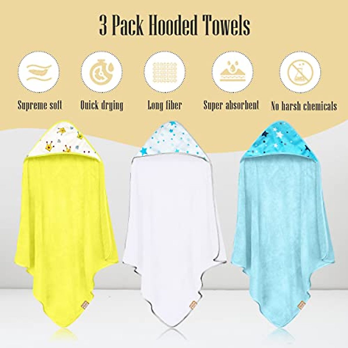 CORAL DOCK 3 Pack Baby Hooded Bath Towel Sets, Ultra Absorbent Baby Essentials Item for Newborn Boy Girl, Baby Bath Shower Towel Gifts for Infant and Toddler - Blue Star Crown