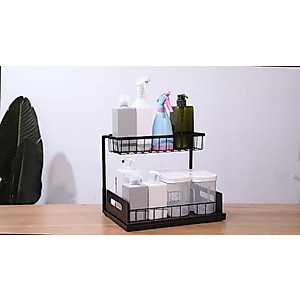 JPSDOWS Under Sink Organizer Storage for Kitchen Cabinet 2 Tier Metal Sliding Pull out Drawer Shelf Basket Organization Rack Multi-purpose for Bathroom Countertop Black