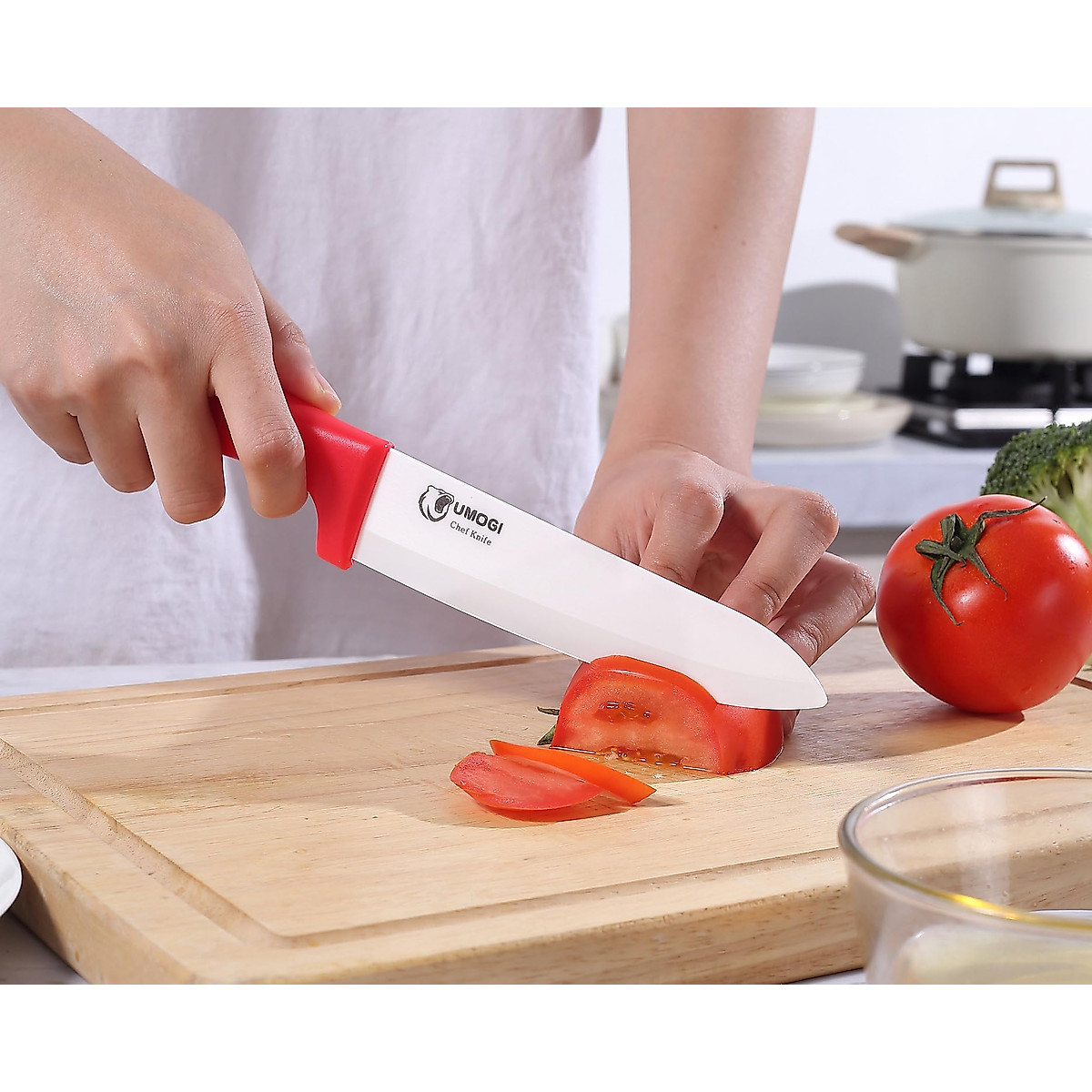 UMOGI Ceramic Kitchen Knife Set with Covers in Gift Box, Healthy Stain Resistant & Non-Rust, Dishwasher Safe - Colorful Knife Set Include Chef, Serrated Bread, Utility & Paring Knife