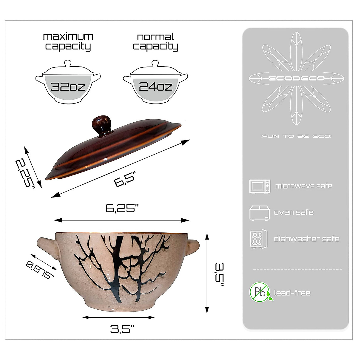 ECODECO Bake & Serve - Large Ceramic Soup Bowls With Handles - 30 Ounce - Set of 2 - Oven-, Microwave and Dishwasher Safe Pots with Lids