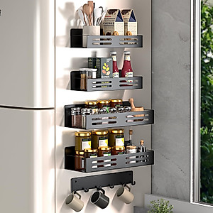 Yuchenfeng Moveable Magnetic Fridge Spice Rack With Magnetic Hook Spice Organizer Shelf for Side of Refrigerator 4 Magnetic Spice Racks + 1 Magnetic Hook