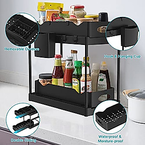 Under Sink Organizer, 2-Tier Under Sink Organizers and Storage with Double Sliding Storage Drawers, Under Sliding Cabinet Basket with Hooks, Hanging Cup, Dividers for Home, Bathroom, Kitchen