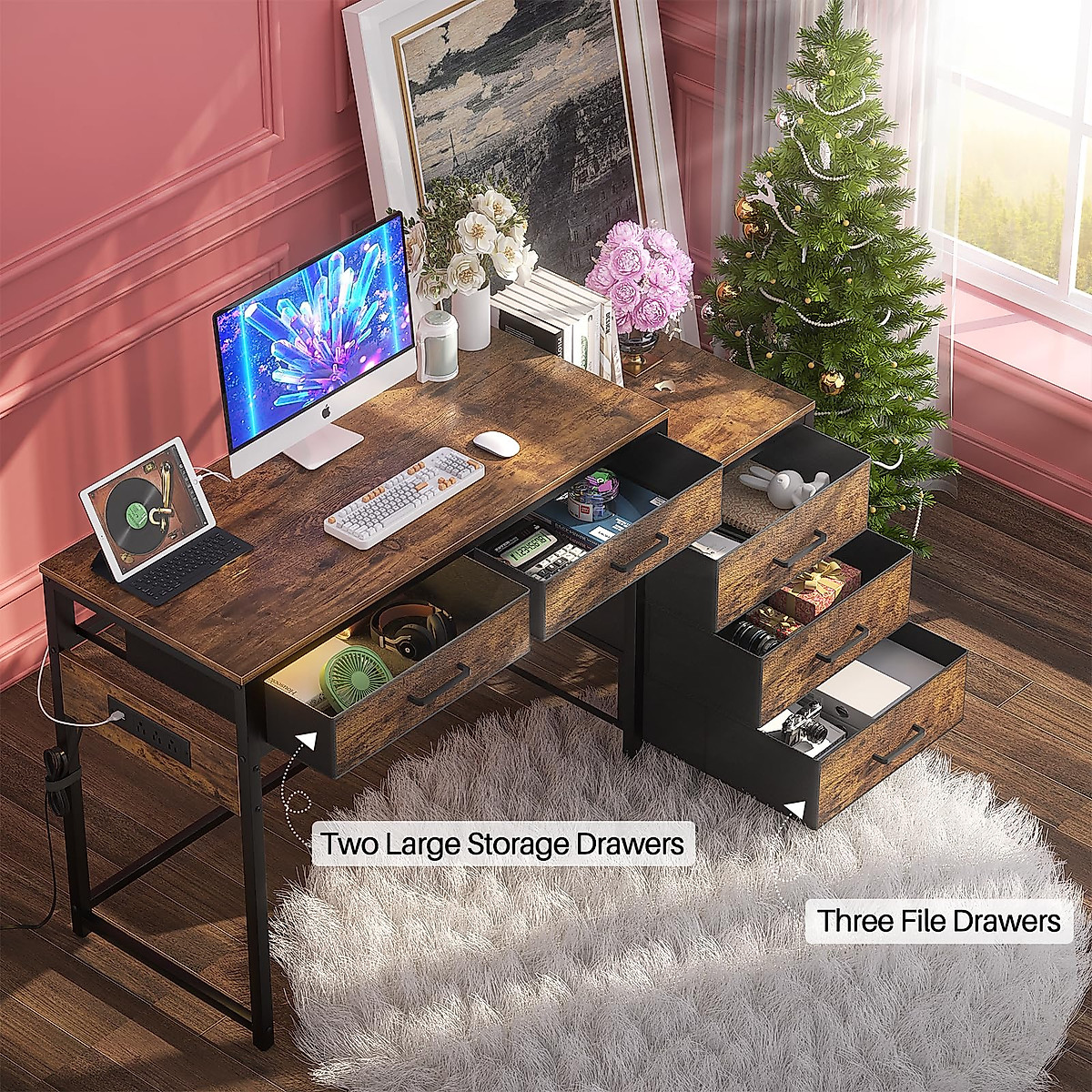 Hyomdeck Computer Desk with 5 Drawer, Reversible Office Desk with Power Outlets and USB Charging Port, Sturdy Writing Table with File Cabinet Printer Stand, PC Desk for Small Spaces, Rustic Brown