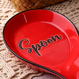 HAKSEN Ceramic Spoon Rest, Large Spoon Holder for Stove Top 9.5 Inch Red Utensil Rest for Kitchen Counter Ladle Spatula