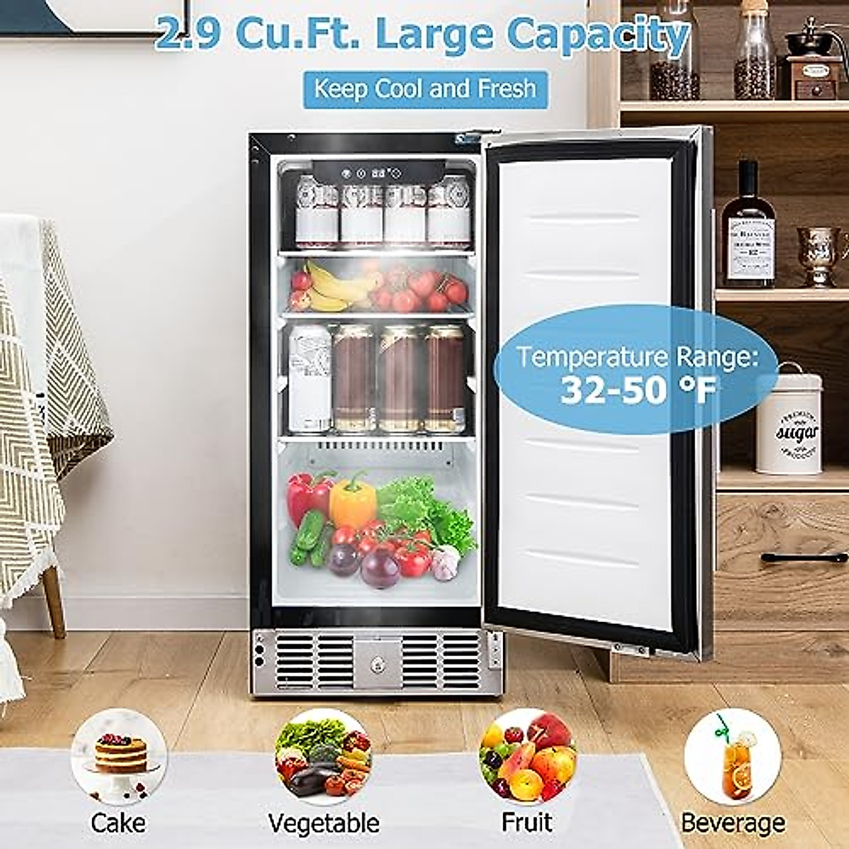 COSTWAY 115 Cans Compact Beverage Refrigerator, 2.9 Cu.ft Drink Cooler with Adjustable Shelves & Stainless Steel Door, 32℉-50℉, Built-in or Freestanding Mini Beverage Fridge for Apart, Office