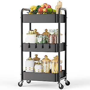 LEHOM 3 Tier Rolling Utility Cart, Metal Trolley Cart with Wheels, Hooks, Easy Assembly Organizer Storage Cart for Bathroom, Kitchen, Office, Bedroom(Black)