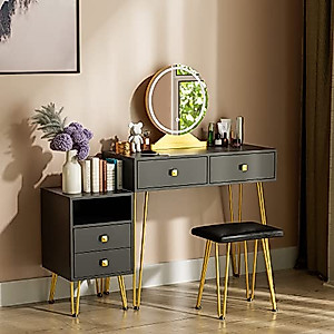 Cozy Castle Black Vanity Desk with Lighted Mirror, Makeup Vanity Table Set with Drawers and Adjustable Cabinet, Dressing Table with Vanity Cushioned Chair for Makeup Room, Bedroom