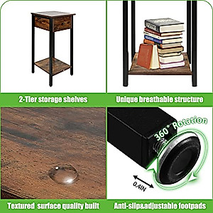 ECOMEX 2-Tier Nightstand Side Table with Wooden Drawer and Open Wooden Shelf Solid Metal Legs Rustic Brown Industrial Wooden Bed Side Table for Bedroom Living Room Small Space, Tall