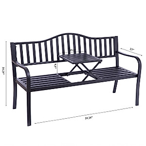 Gardenised QI003461L Outdoor Powder Coated Steel Park Bench, Garden Bench with Pop Up Middle Table, Lawn Decor Seating Bench for Yard, Patio, Garden, Balcony, and Deck