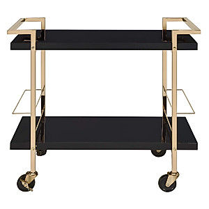 OSP Home Furnishings Alios Modern Serving Cart, Black Gloss Finish and Gold Frame
