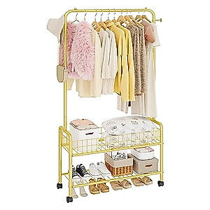 JIUYOTREE Rolling Clothes Rack with Storage Basket 35.4 Inches Freestanding Metal Clothing Rack with 2-Tier Storage Racks Garment Coat Rack with Wheels for Clothes Shoes Hats Bags Golden