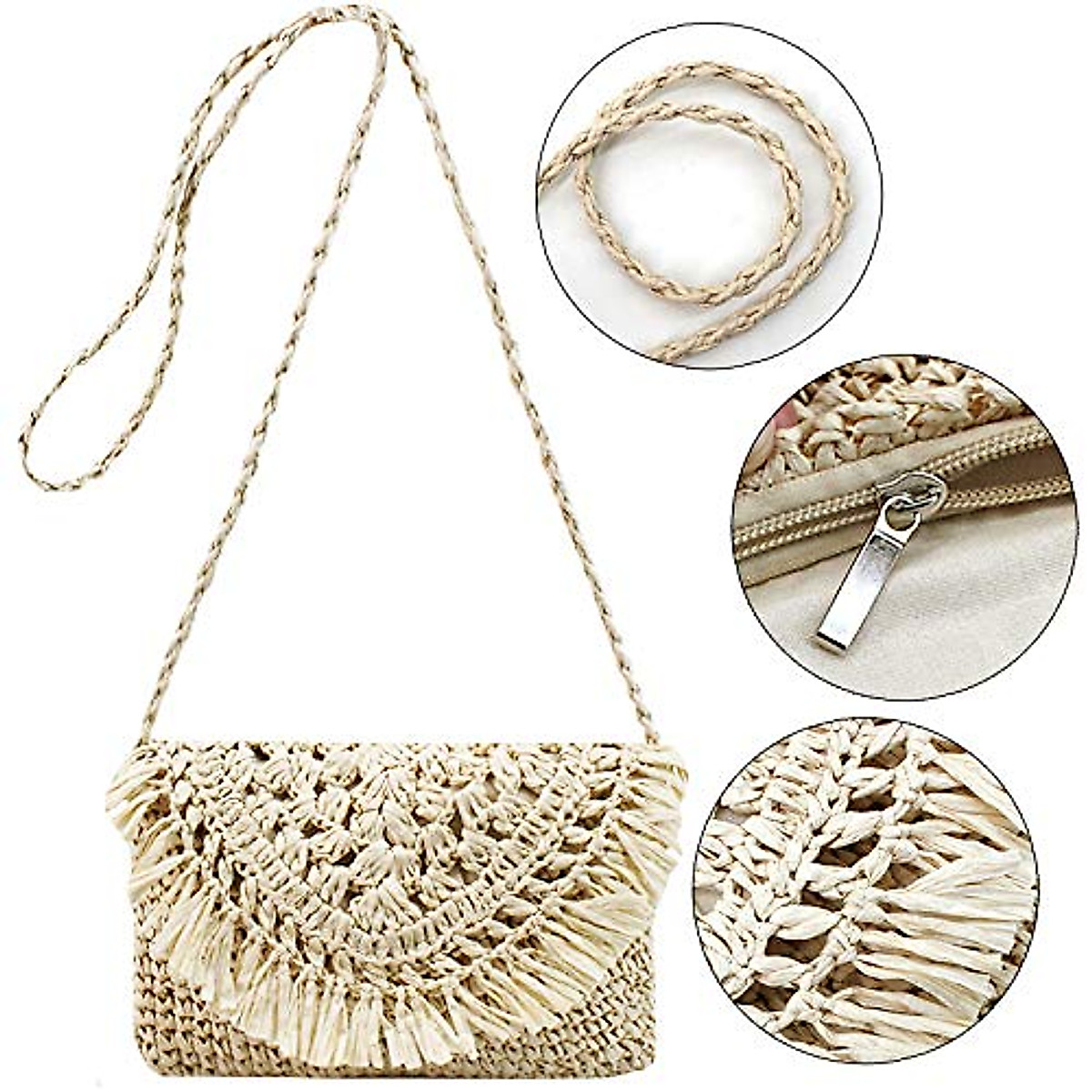 Meyaus Women Small Fringed Straw Woven Cross-body Bag Shoulder Bag Bohemian Beach Envelope Flap Handbag Purse