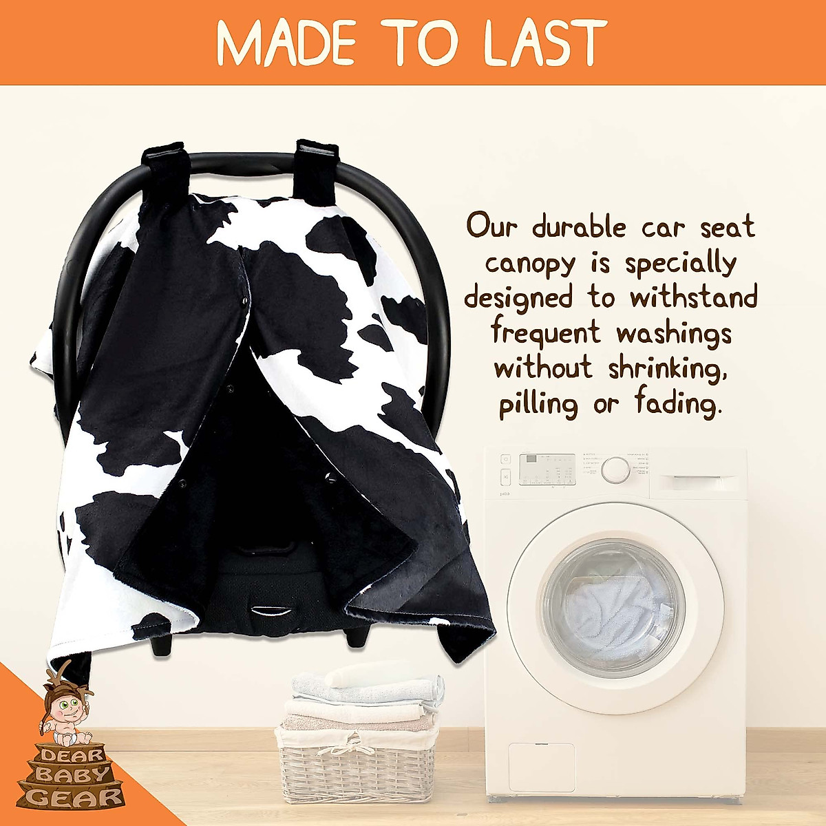 Dear Baby Gear Black and White Holstein Cow Baby Car Seat Canopy with Snap Button Opening — Double Layered Lightweight Cover Keeps Babies Cozy and Sheltered from The Sun — 40 x 30 Inches