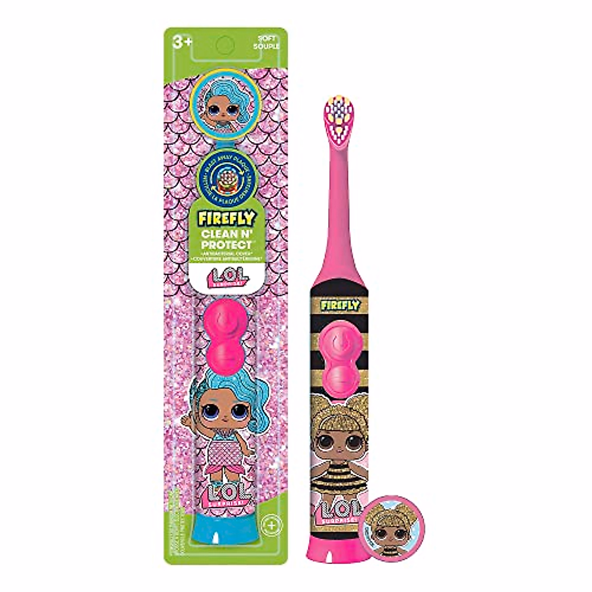 FIREFLY Clean N' Protect, L.O.L. Surprise! Toothbrush with hygienic Character Cover, Soft Bristles, Anti-Slip Grip Handle, Battery Included, Ages 3+, 1 Count