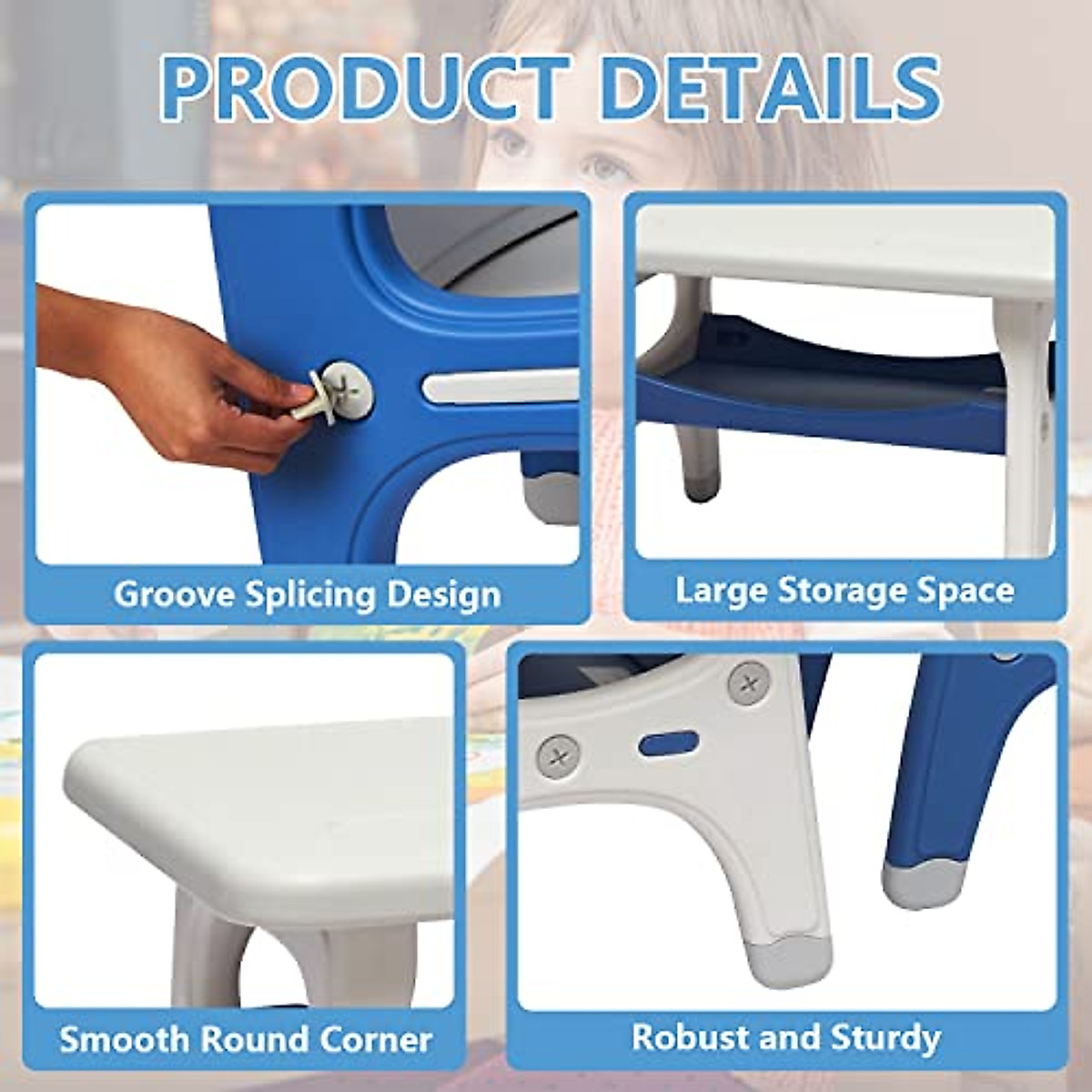 KINBOR BABY Kids Table and Chair Set - Activity Table for Toddlers 1-3 (Blue & White 1)