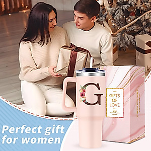 Monogrammed 40oz Tumbler with Handle for Women, Personalized Birthday Gifts for Women,Initial Cups for Woman Floral Letter G,Customized Gifts for Female Lady Gift for Mothers Day Christmas