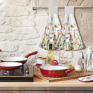 Wild Flowers Hanging Tie Towels Set 2 Pcs Summer Spring Floral Kitchen Hand Towel Absorbent Soft Coral Velvet Tea Bar Dish Dry Cloth for Kitchen Bathroom