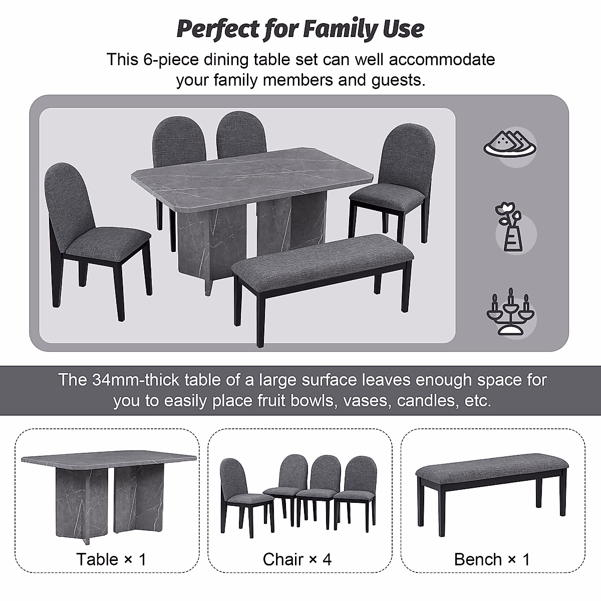 6-Piece Modern Style Dining Table Set with 4 Upholstered Dining Chairs and 1 Bench, Wood Dining Table with Faux Marble Table for Kitchen Living Room, Dining Table Set for 6 (Gray + Solid Wood-A033)