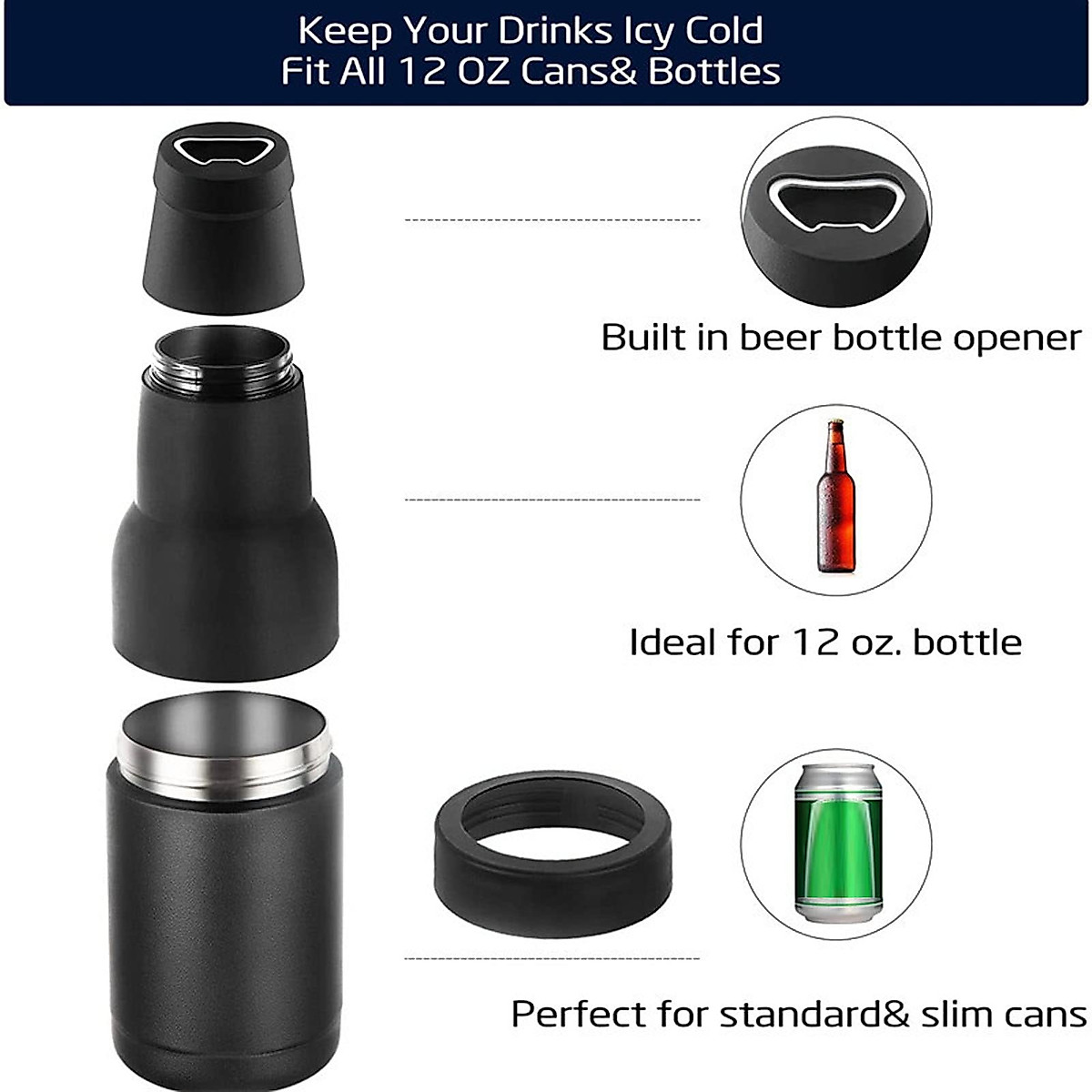 340ml Beer Cooler with Bottle Opener, Stainless Steel Beer and Soda Can Bottle Cooler, Drink Carrier, Can and Bottle Sleeve Helps Keep Drink Cold(304 Stainless Steel, ABS)