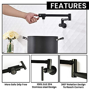 Black Pot Filler Faucet Commercial, Wall Mount Brass Faucet Kitchen Double Joint Spout Swing Arm Folding Stretchable Single Hole Two Handles for Hot or Cold Water