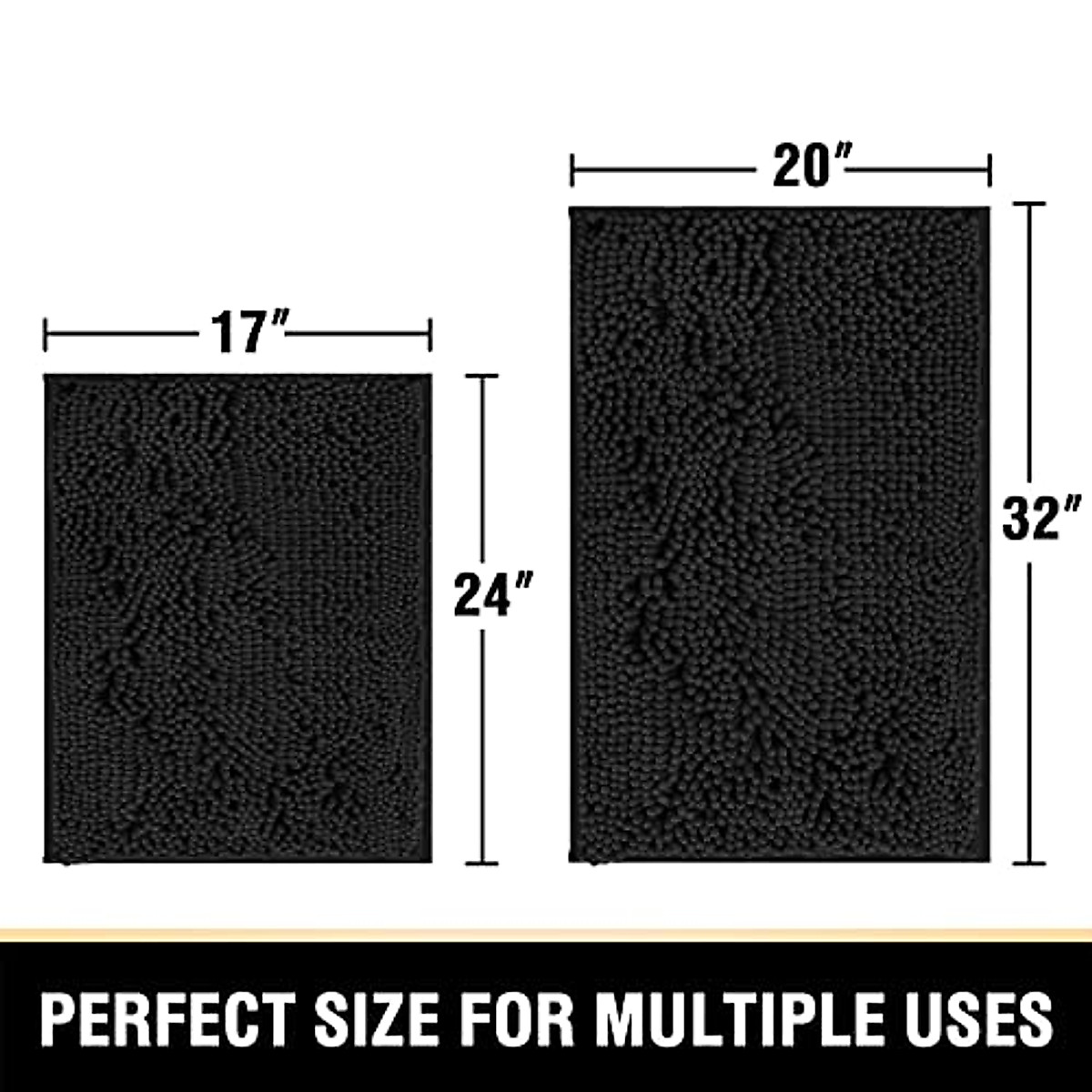 H.VERSAILTEX (Set of 2) Super Thick Soft Shaggy Chenille Bath Mats Machine Washable Bath Rugs Set for Bathroom, Dry Fast Water Absorbent Bath Mats, Black (Pack 2-20" x 32"/17" x 24")