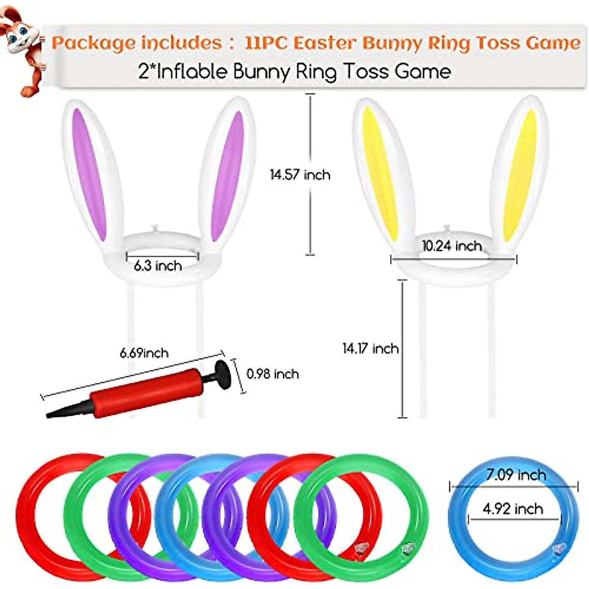 Easter Game Inflatable Bunny Ring Toss Games 2 Sets & 8 Rings, Inflatable Ring Toss Games 11Pcs with Pump for Easter Party Favors Indoor Outdoor Games