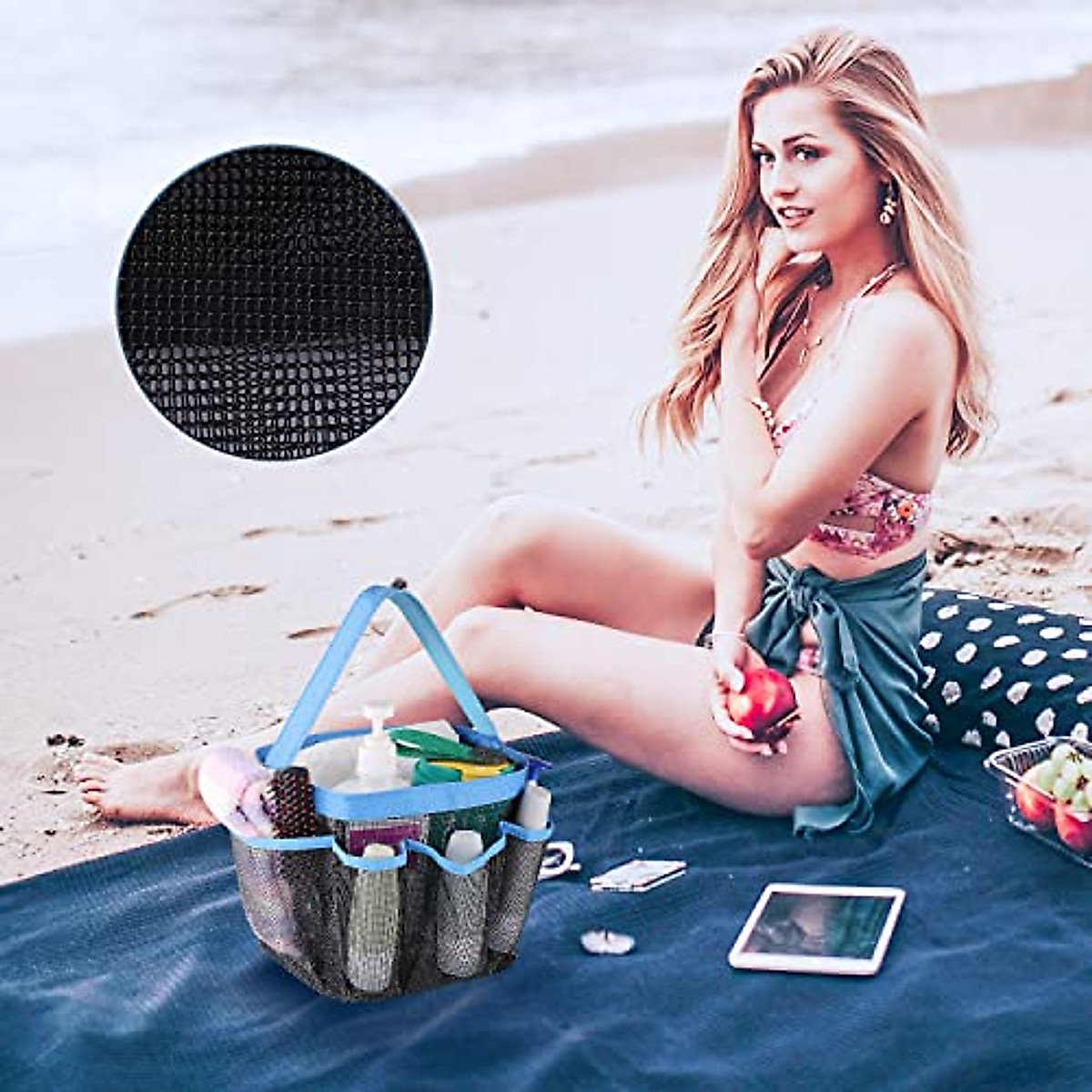 Shower Tote Bag, Portable Shower Caddy Tote Organizer with Handle and 7 Pockets, Mesh Shower Bag for Dorm Room Gym Bathroom Camping, Large Capacity (Black, Blue)