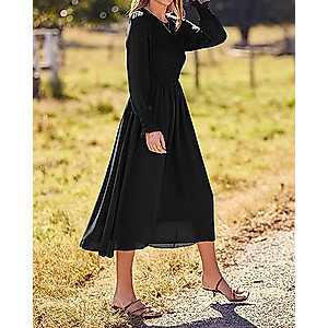 dowerme Women Casual Petal Long Sleeve Crewneck Smocked A-Line Flowy Solid Maxi Dress Fall Winter Party Cocktail Dresses(Solid Black,Large)
