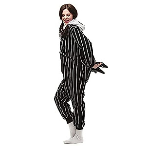 Jack Skellington Costume Onesie Adult Nightmare Cosplay Halloween Christmas Stripe Pajama Jumpsuit (US, Alpha, Medium, Regular, Regular, Stripe)