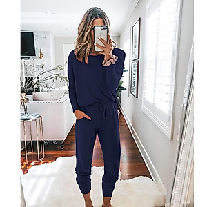 PRETTYGARDEN Women's Fall 2 Piece Lounge Outfit Long Sleeve Crewneck Pullover Tops High Waisted Pants Set Tracksuit (Navy,3X-Large)