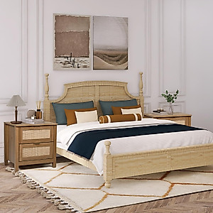 AILEEKISS Night Stand Set of 2 Rattan Nightstands with Wireless Charging Station, Wood Accent Bed Side End Tables with 2 Rattan Drawers, Modern Bedside Stand for Bedroom, Living Room (Natural Oak)