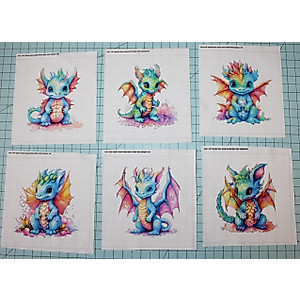 6 Piece 4"x4" Baby Dragons 100% Cotton Panel Squares - Quilting Sewing Panel Blocks AP2