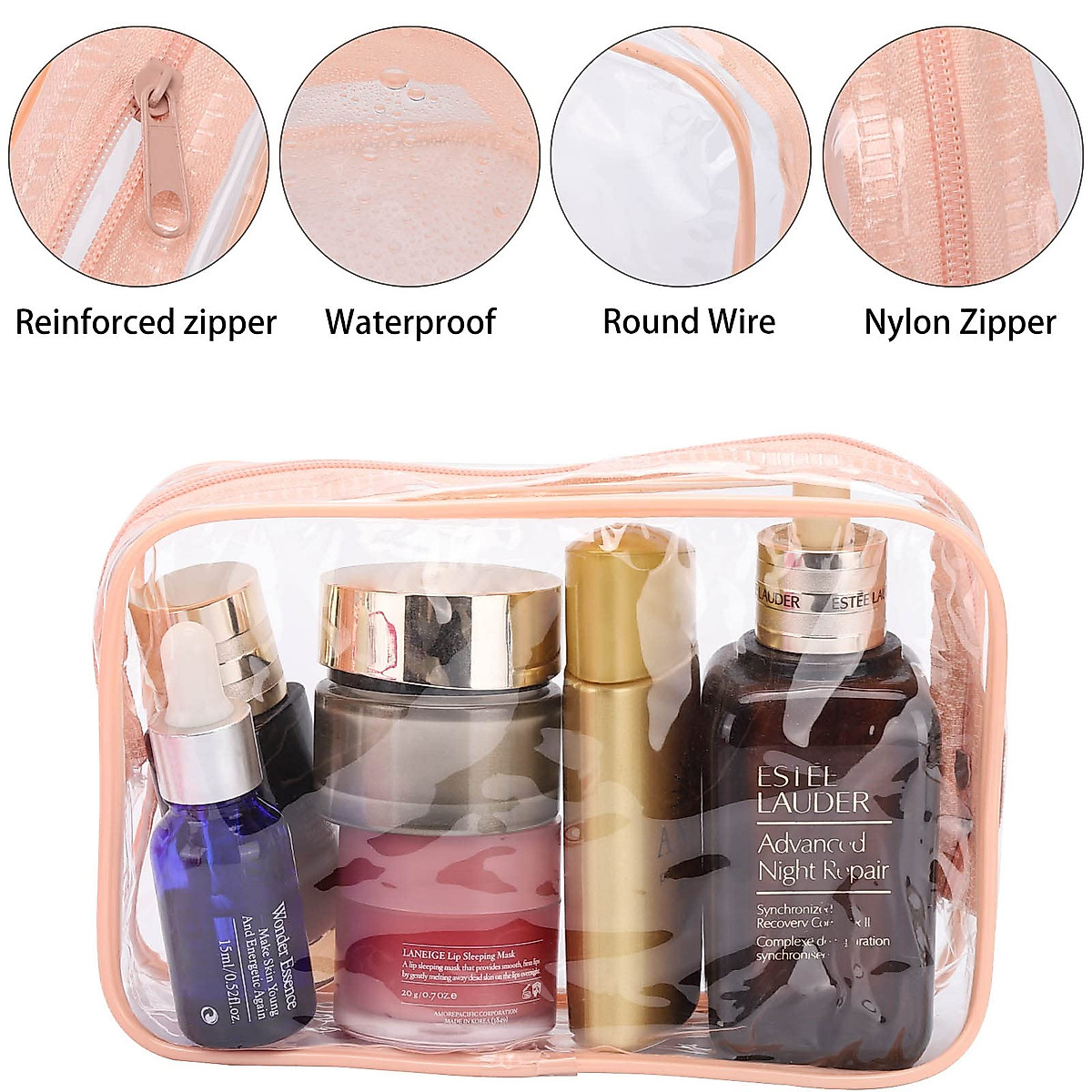 Tbestmax 10 Pcs Clear Cosmetic Bags Small Makeup Bags Portable Waterproof Travel Toiletry Bags Organizer Peach Pink, 7.5"x 4.8"x 2.3"