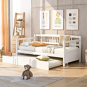 BIADNBZ Twin Size Day Bed with Trundle, Wooden Daybed Frame, for Bedroom Guest Room Office, White