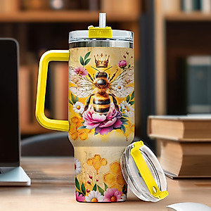 99OWL Tumbler 40 Oz With Handle Lid And Straw, Queen Bee Crown Floral, Bee Gifts, Flower Tumblers Handle Daisy Yellow, Bee Double Wall Vacuum Floral Coffee Hot And Iced Yellow