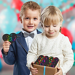 28 Pieces Valentine Crafts Scratch Paper Ornaments Heart Shape Rainbow Scratch Craft Art, with 28 Pieces Wooden Styluses,28 Pieces Ribbons, and 2 3D Puffy Stickers, for Valentine DIY Art Decorations