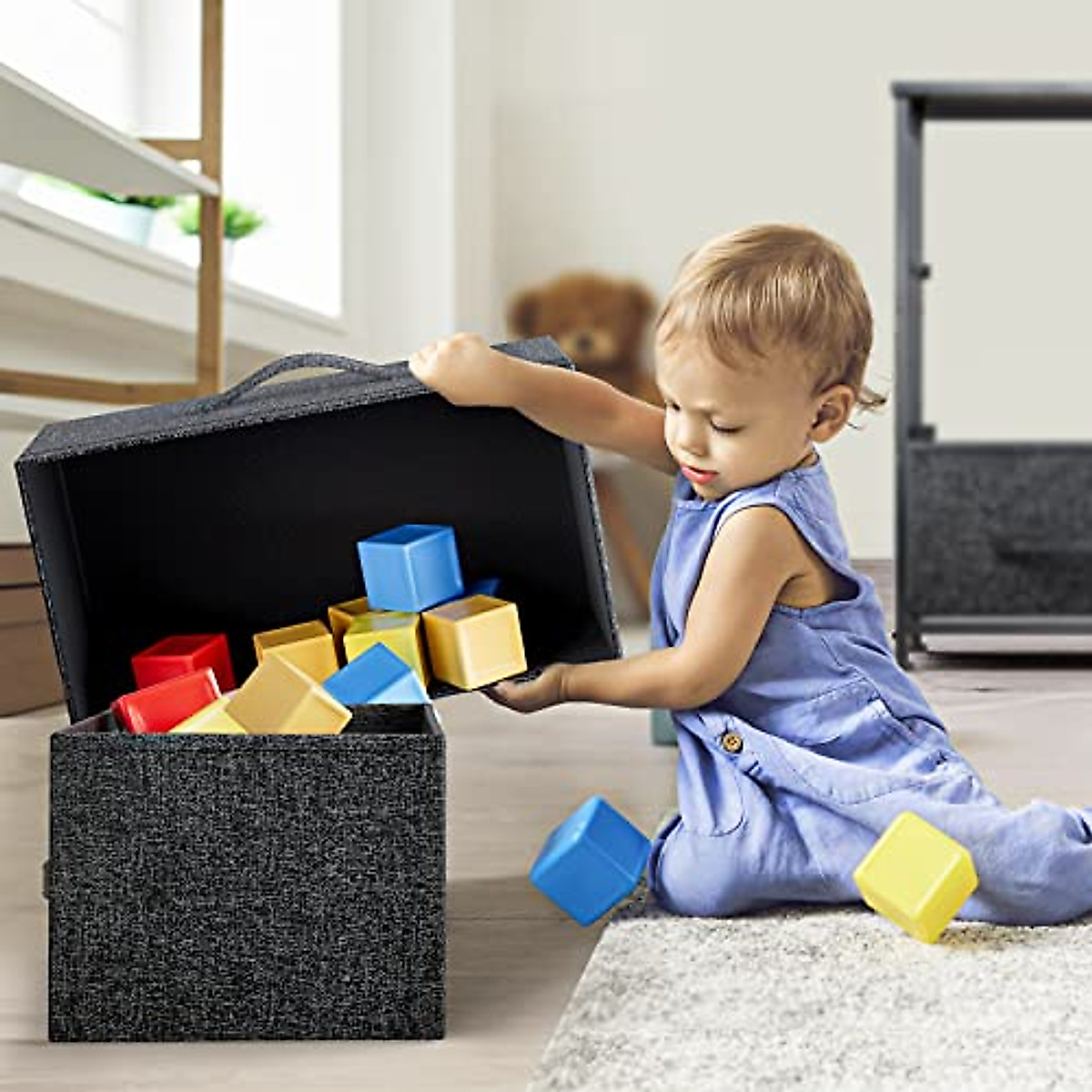 Pipishell Fabric Dresser, 3 Drawers Nightstand, Vertical Storage Drawer with Sturdy Steel Frame Wood Top, Small Dresser for Closet, Bedroom, Nursery Room (Black)