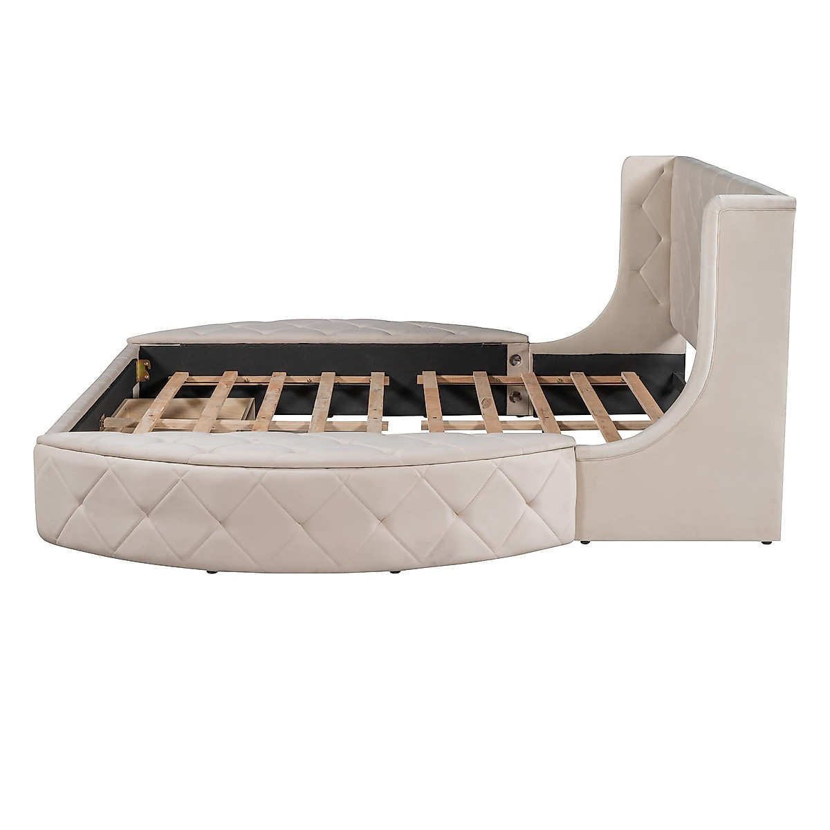 Yehha Queen Size Velvet Upholstered Platform Bed with 2 Side Storage Stool and 1 Storage Drawer, Victorian Style Velvet Headboard, Noise-Free and No Box Spring Needed, Beige