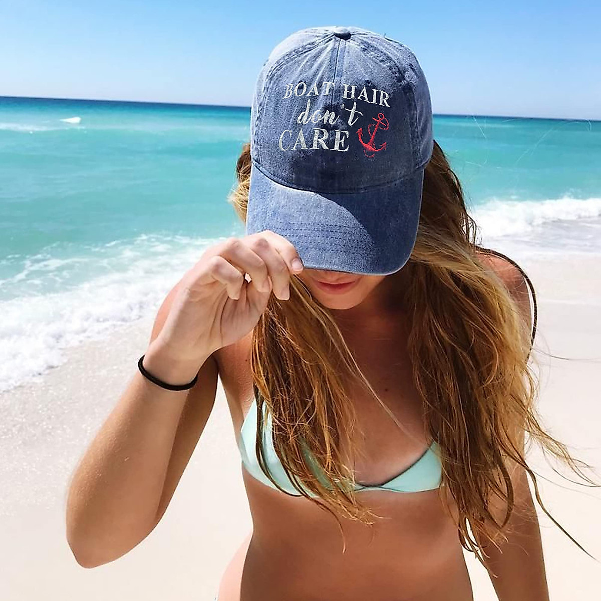 Women's Baseball Cap Boat Hair Don't Care Vintage Distressed Embroidered Dad Hat