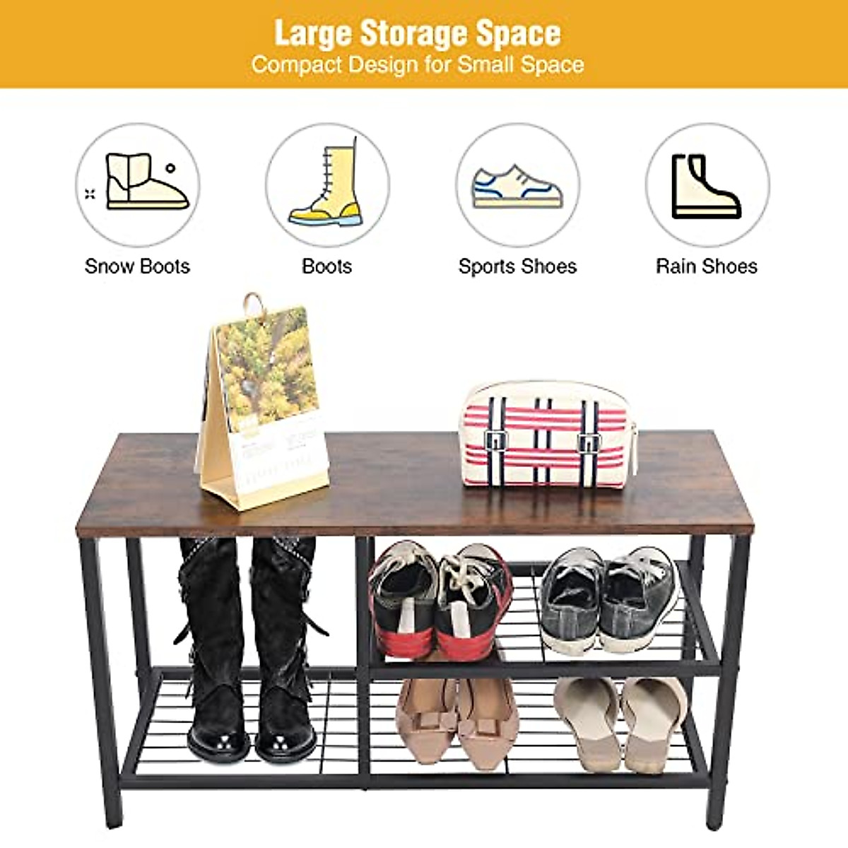 ALUPOM Shoe Bench Rack,32 Inch Narrow Shoe Rack with Shelf,3-Tier Steel Storage Bench for Entryway,Living Room,Foyer