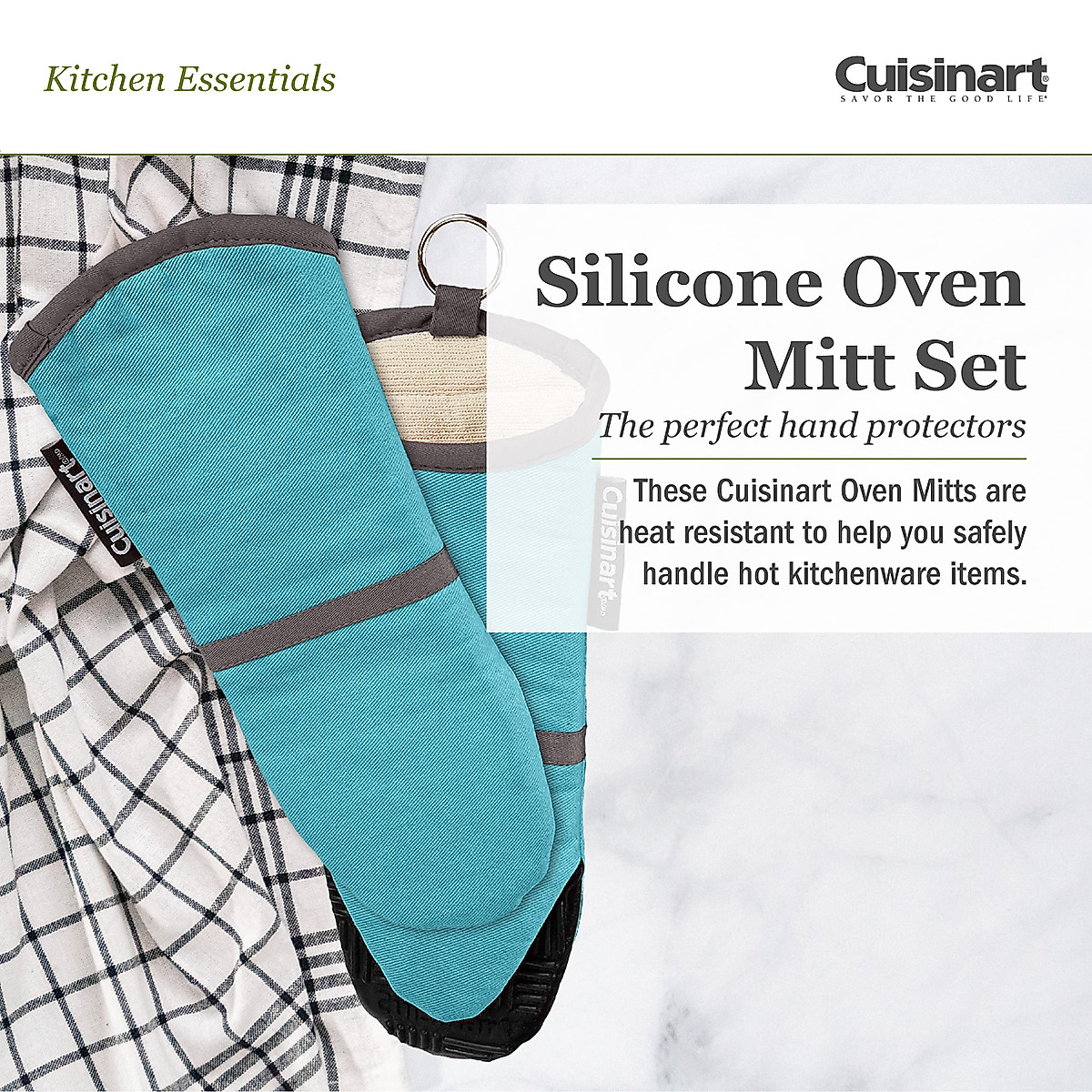 Cuisinart Silicone Oven Mitts, 2 Pack – Heat Resistant To 500 Degrees – Handle Hot Kitchen Items Safely – Non-Slip Silicone Grip Oven Gloves with Insulated Deep Pockets and Hanging Loop – Aqua