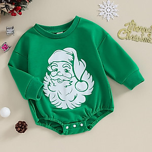 Newborn Baby Boy Girl Christmas Outfit Crewneck Sweatshirt Romper Long Sleeve Bubble Romper Oversized Bodysuit Top (Green Santa, 18-24 Months)